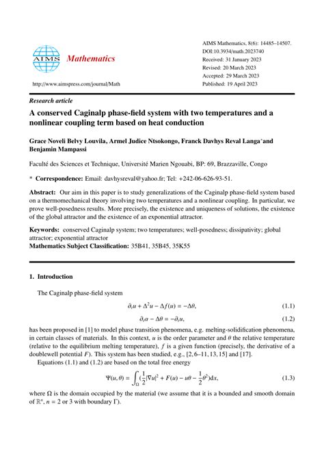 Pdf A Conserved Caginalp Phase Field System With Two Temperatures And A Nonlinear Coupling