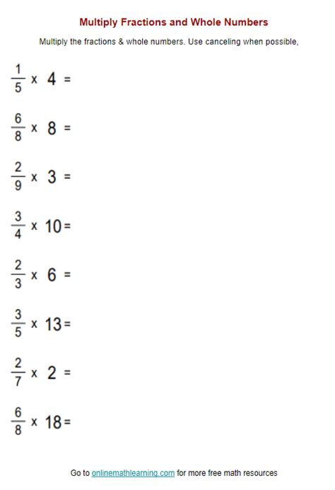 Multiply Fractions And Whole Numbers Worksheet Examples Answers Videos
