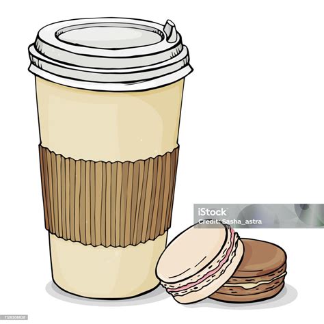 종이 컵 뚜껑 뜨거운 커피를 빼앗 고 신선한 마 카 롱 쿠키와 함께 흰색 바탕에 벡터 그림입니다 가리기에 대한 스톡 벡터 아트 및 기타 이미지 Istock
