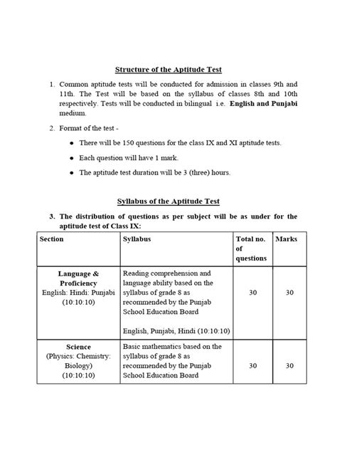 structure and syllabus of the aptitude test pdf science reading