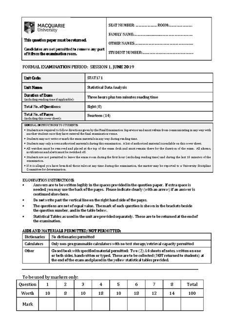 STAT S Test For Stat Mq Uni This Question Paper Must Be Returned