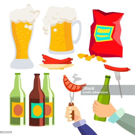 맥주 파티 벡터입니다 알코올 음료 아이콘 기호입니다 양식에 일치 시키는 유리 칩 소시지입니다 플랫 만화 삽화를 절연 0명에 대한 스톡 벡터 아트 및 기타 이미지 Istock