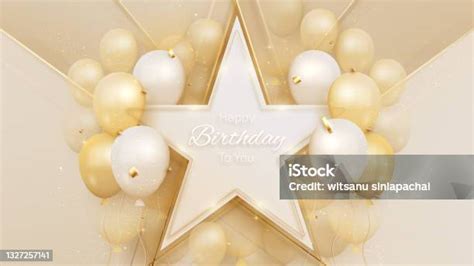 풍선과 리본 은 모양 별선에 황금 종이 컷 스타일과 사실적인 요소 럭셔리 배경 생일 카드 현대 템플릿 달콤한 또는 스모트 느낌 디자인에 대한 벡터에서 그림 3차원 형태에
