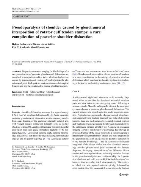 Pdf Pseudoparalysis Of Shoulder Caused By Glenohumeral Interposition Of Rotator Cuff Tendon
