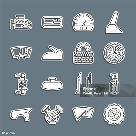 세트 라인 자동차 휠 기어 시프터 속도계 핸드 브레이크 윈드 스크린 와이퍼 엔진 및 타이어 아이콘 벡터 거울에 대한 스톡 벡터 아트 및 기타 이미지 Istock