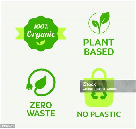 지속 가능성 환경 재활용 녹색 생태 유기농 재생 가능 에너지 제로 웨이스트의 아이콘 세트 식물 기반 비건 벡터 일러스트 레이 션 생물학에 대한 스톡 벡터 아트 및 기타