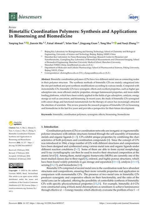 Pdf Bimetallic Coordination Polymers Synthesis And Applications In Biosensing And Biomedicine