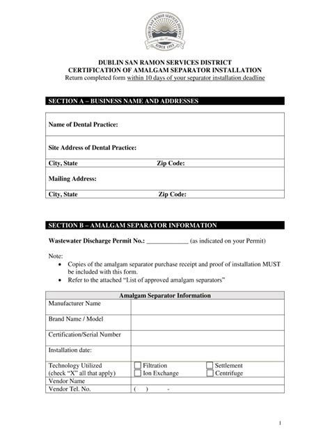 Fillable Online Certification Of Amalgam Separator Installation Fax Email Print Pdffiller