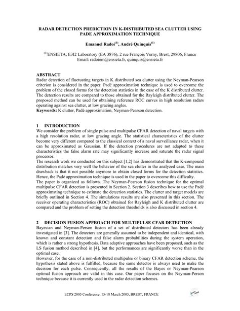 Pdf Radar Detection Rpediction In K Distributed Sea Clutter Using Pade Approximation Technique