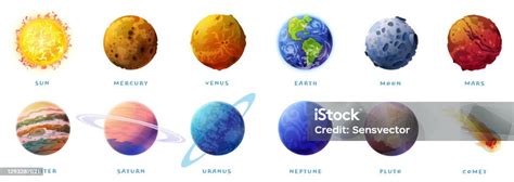 태양계의 행성과 혜성 고립 된 만화는 흰색에 설정 벡터 내부 바위 수성 금성 및 지구 화성 우주 가스 거인 목성과 토성 얼음 천왕성과 해왕성 명왕성 태양 달 0명에 대한