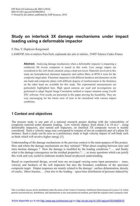 PDF Study On Interlock 3X Damage Mechanisms Under Impact Loading Using A Deformable Impactor