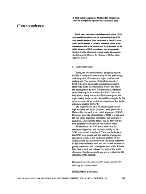 A Fast Initial Alignment Method For Sins On Stationary Base Pdf