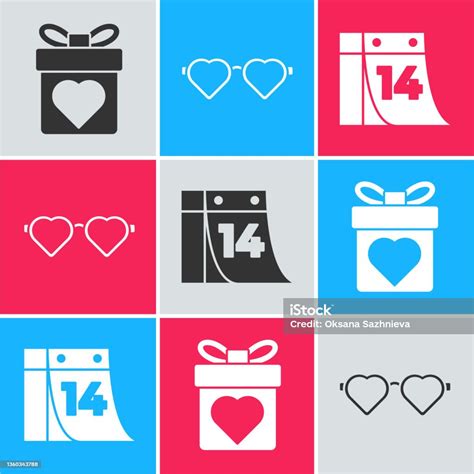 하트 하트 모양의 러브 안경 2월 14일 아이콘이 있는 캘린더가 있는 기프트 박스를 설정합니다 벡터 14에 대한 스톡 벡터 아트
