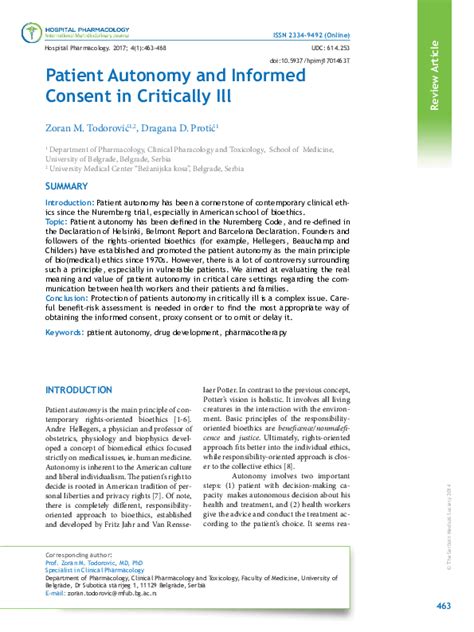Pdf Patient Autonomy And Informed Consent In Critically Lll