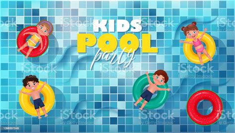 고무 링에서 수영하는 행복한 아이들과 함께하는 어린이 수영장 파티 배너 3d 만화 스타일의 벡터 일러스트 레이 션 아이에 대한 스톡 벡터 아트 및 기타 이미지 Istock