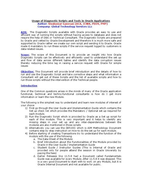 Usage Of Diagnostic Scripts And Tools In Oracle Applications Pdf Oracle Database Scripting