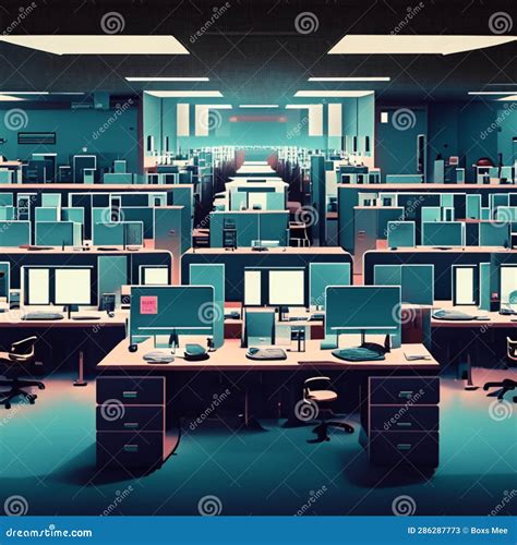 Computer Room In Modern Office 3d Rendering Illustration Workplace With Computers And Monitors