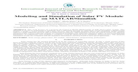 Modeling And Simulation Of Solar Pv Module On Matlabsimulink Pdf