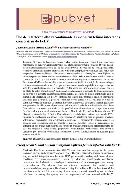 Pdf Uso De Interferon Alfa Recombinante Humano Em Felinos Infectados