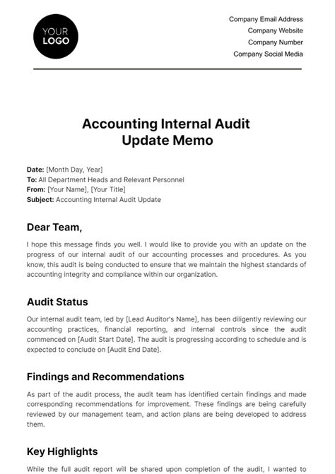 Free Accounting Internal Audit Update Memo Template To Edit Online
