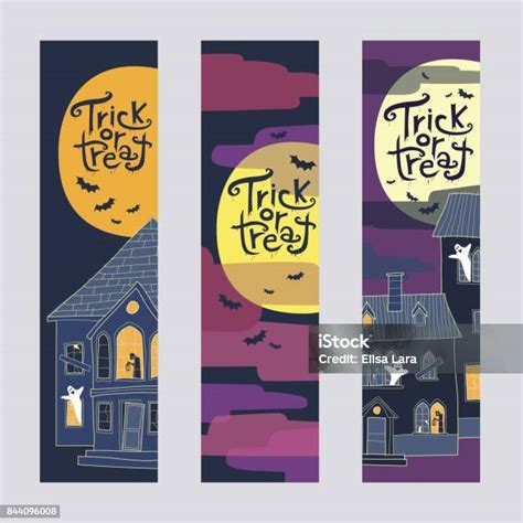 3 세트 속임수 또는 치료 할로윈 배너 웹 집 달 구름 벡터 일러스트 크기 160 X 600 할로윈에 대한 스톡 벡터 아트 및 기타 이미지 Istock