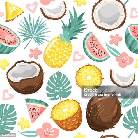 파인애플 코코넛 수박 꽃 잎과 심장현대 원활한 패턴 여름 분위기 벡터에 대한 스톡 벡터 아트 및 기타 이미지 벡터 코코넛 파인애플 Istock