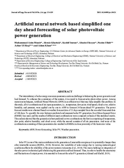Pdf Artificial Neural Network Based Simplified One Day Ahead Forecasting Of Solar Photovoltaic