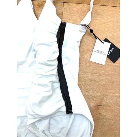 Dkny Womens White Stretch Scoop Neck Mesh Sides Shirred One Piece