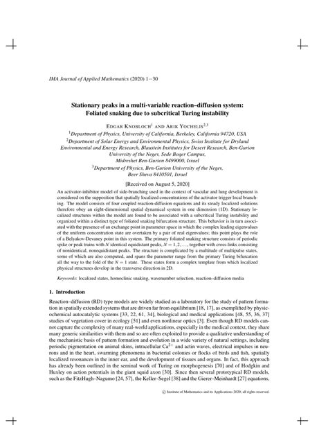Pdf Stationary Peaks In A Multi Variable Reaction Diffusion System Foliated Snaking Due To