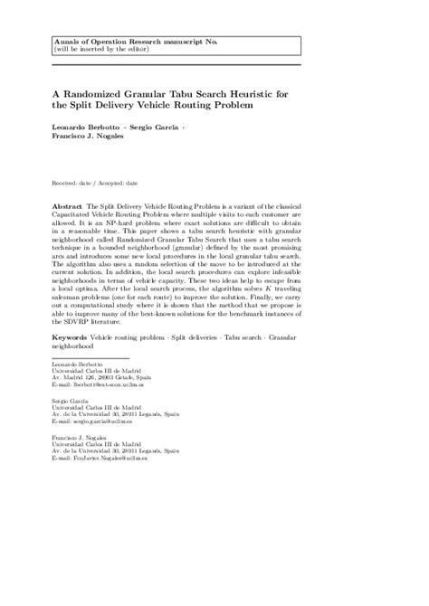 Pdf A Randomized Granular Tabu Search Heuristic For The Split Delivery Vehicle Routing Problem