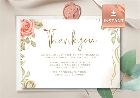 Thank You Card Template Wedding Printable Thank You Editable Etsy
