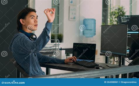 Software Programer Writing Code And Using Holographic Program With Augmented Reality Stock Image