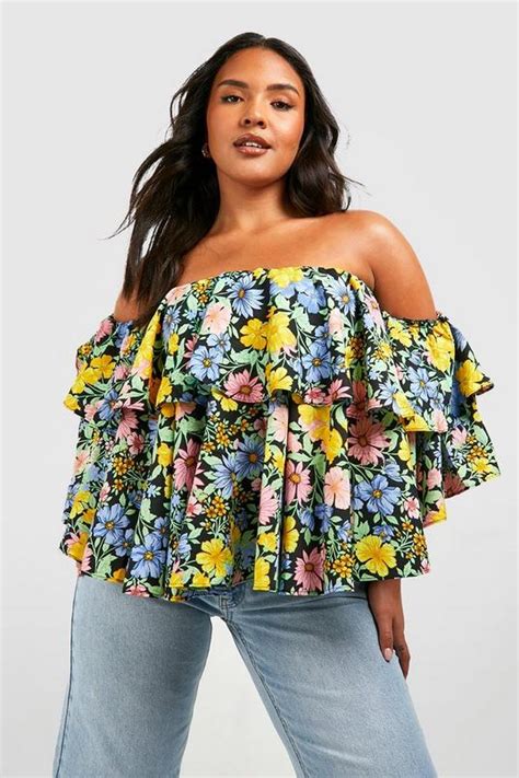 Plus Woven Ruffle Floral Off Shoulder Top Boohoo Uk