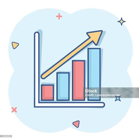 만화 스타일의 차트 그래프 아이콘 화살표는 흰색 고립 된 배경에 만화 벡터 그림을 성장 분석 스플래시 효과 비즈니스 개념 Launch Party에 대한 스톡 벡터 아트 및