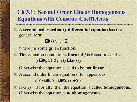 Ppt Ch 3 1 Second Order Linear Homogeneous Equations With Constant Coefficients Powerpoint