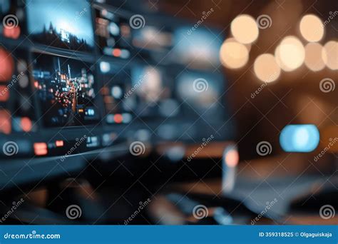 Softly Focused View Of A Multi Screen Monitoring Station Reveals Various Camera Feeds With Faint