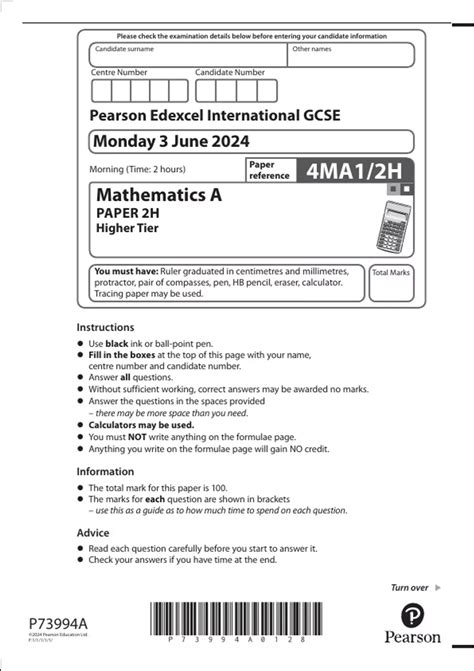 Pearson Edexcel International Gcse 4ma1 2h Mathematics A Paper 2h
