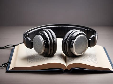 Premium Photo Headphones Placed Over Opened Book Audiobooks Concept