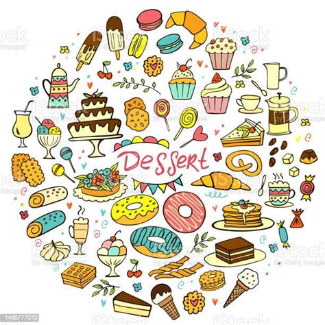 흰색 배경에 화려한 낙서 과자 음식 세트 벡터 그림입니다 케이크 비스킷 베이킹 쿠키 도넛 아이스크림 마카롱 커피 디저트 메뉴나 디자인에 딱 맞습니다 라운드 구성 개체 그룹에
