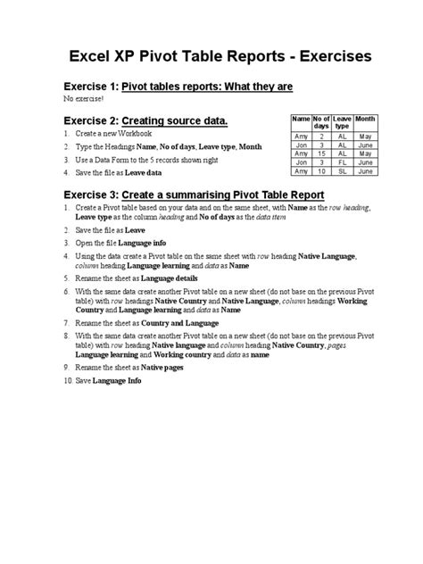 Excel Xp Pivot Tables Exercises Pdf Microsoft Excel Table Database