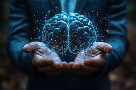 Glowing Digital Brain Held In Hands Ai Neuroscience Technology Concept Stock Illustration