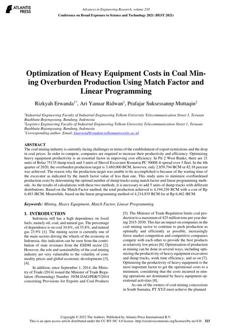 PDF Optimization Of Heavy Equipment Costs In Coal Mining Overburden Production Using Match