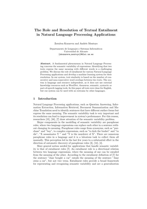 Pdf The Role And Resolution Of Textual Entailment In Natural Language Processing Applications