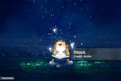 마법의 책을 읽는 아이의 디지털 페인팅 캔버스 질감에 아크릴 스토리 텔 링 그림 책에 대한 스톡 벡터 아트 및 기타 이미지