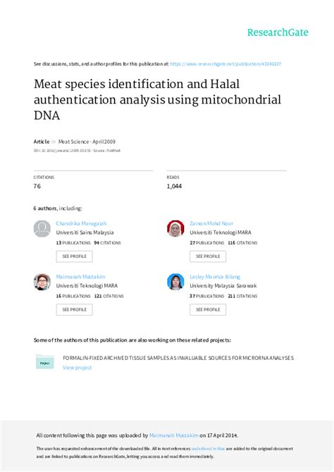 Pdf Meat Species Identification And Halal Authentication Analysis Using Mitochondrial Dna