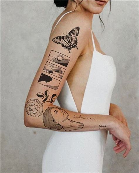 A Woman With A Tattoo On Her Arm That Has Pictures And Words Written On It