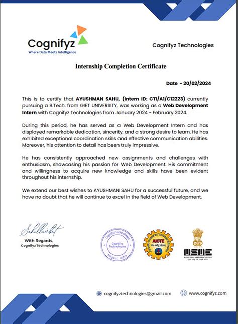 Ayushman Sahu On Linkedin Connections Webdevelopment Internshipcompletion Cognifyztechnologies