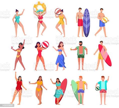 남자와 여자의 캐릭터 번들 3 세트 수영복에 여성의 15 포즈 장비 가방에 대한 스톡 벡터 아트 및 기타 이미지 가방 걷기 공연 Istock