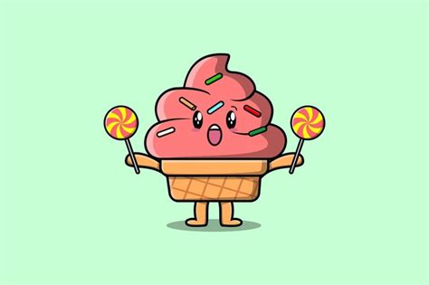 평면 만화 삽화에서 롤리팝 캔디를 들고 있는 귀여운 만화 아이스크림 캐릭터 프리미엄 벡터