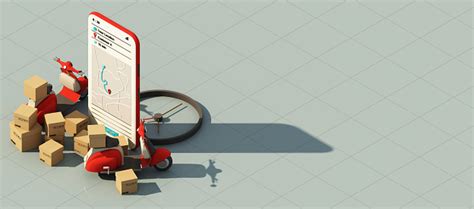 모바일 스쿠터 자전거와 밴에 의해 빠른 배달 전자 상거래 개념 경로지도와 온라인 음식 및 쇼핑 주문 웹 페이지 앱 디자인 빨간색과 회색 배경입니다 아이소메트릭 3d 렌더링
